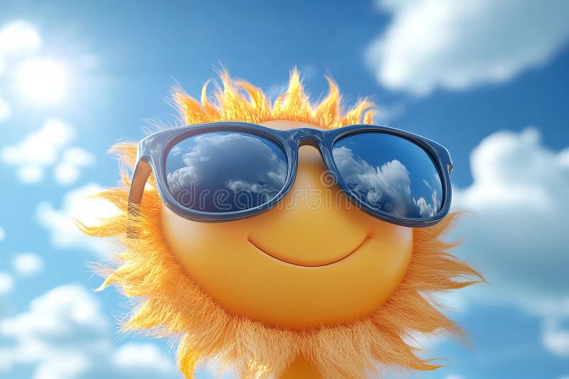 Sunny Day with Smiling Sun Wearing Sunglasses in Blue Sky with Fluffy ...