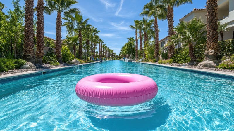 Sunny Day in Tropical Resort Pool with Pink Inflatable Ring and Palm ...