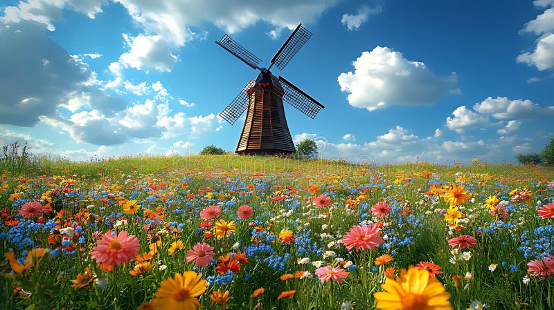 Sunny Day, Windmill in Colorful Flower Field Stock Illustration ...