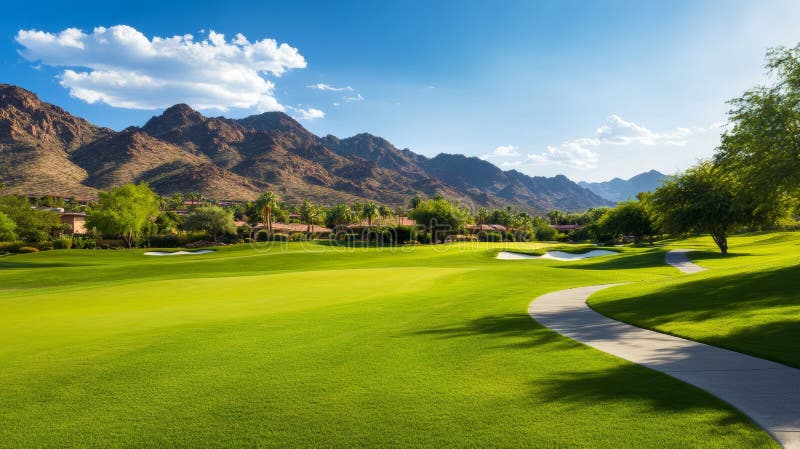 Sunny Desert Golf Course Landscape with Mountain Backdrop and Blue Sky ...