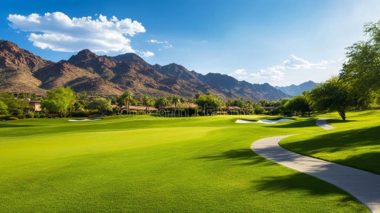 Sunny Desert Golf Course Landscape with Mountain Backdrop and Blue Sky ...