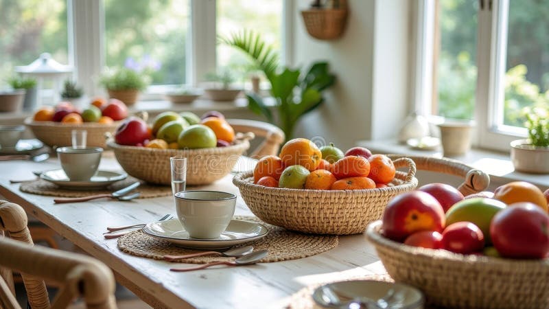 Sunny Dining Room with Fresh Fruit Bowls and Table Setting Stock Photo ...