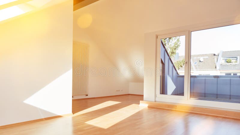Sunny Empty Room with Balcony in the Attic Stock Image - Image of ...