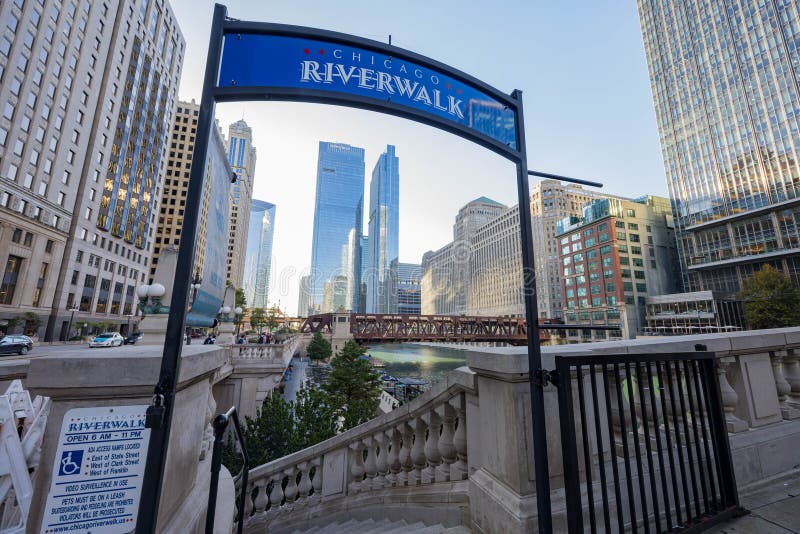 Sunny Exterior View of the Chicago Riverwalk Sign Editorial Photography ...