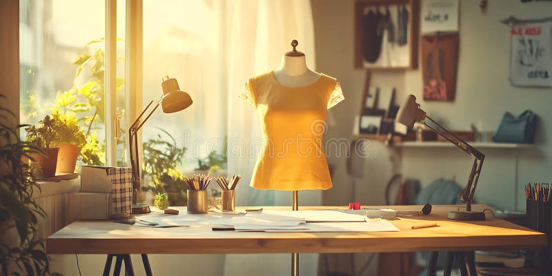 Sunny Fashion Design Studio Workspace Stock Illustration - Illustration ...