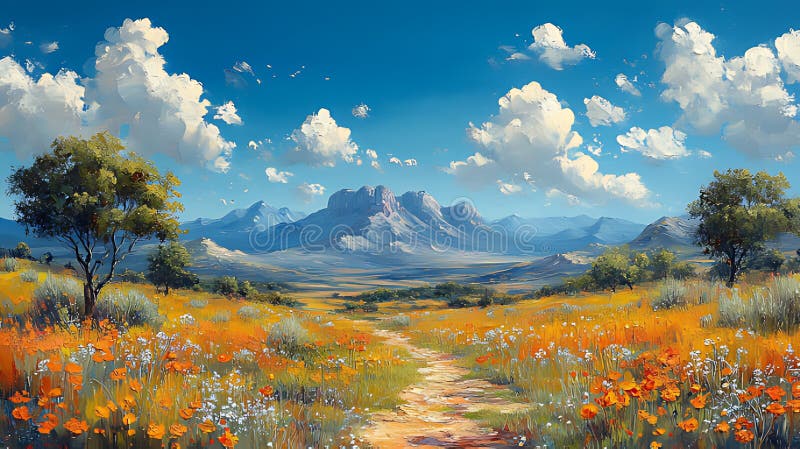 Sunny Field Path Leads To Distant Mountains Stock Illustration ...