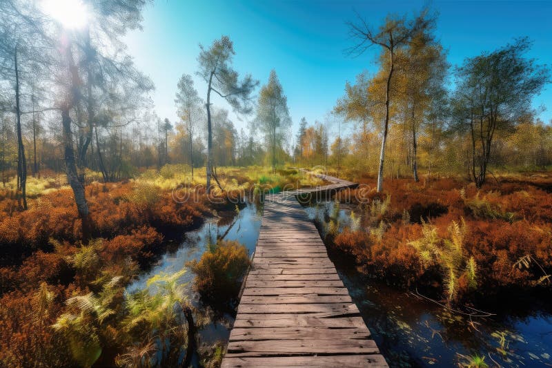 Sunny Forest with Duckboards Path and Clear Blue Sky Stock Illustration ...