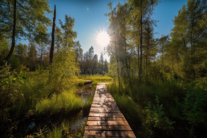 Sunny Forest with Duckboards Path and Clear Blue Sky Stock Illustration ...