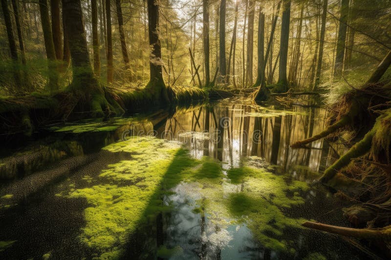 Sunny Forest with Long Shad of Moss, and the Reflection of Water Stock ...