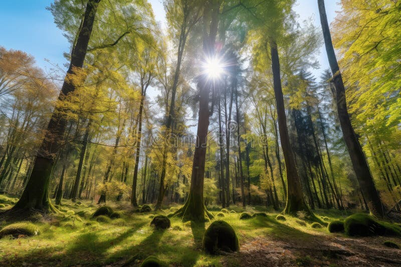 Sunny Forest with Mossy Trees and Clear Blue Sky Stock Illustration ...