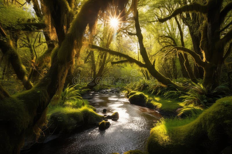 Sunny Forest with Mossy Trees and Running Stream Stock Illustration ...