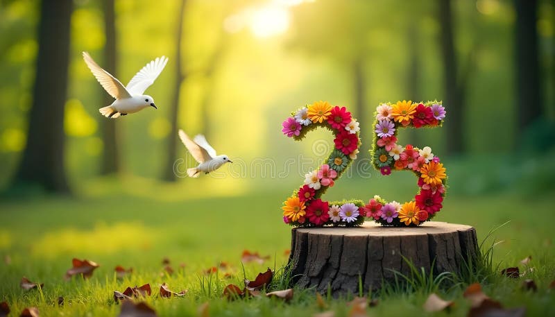 Sunny Forest Scene with Birds, 2025 Made of Flowers, and Wooden Globe ...