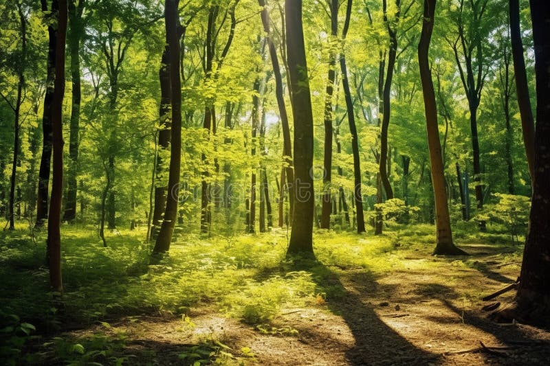 Sunny Forest with Trees and Sunlight Shining Stock Illustration ...