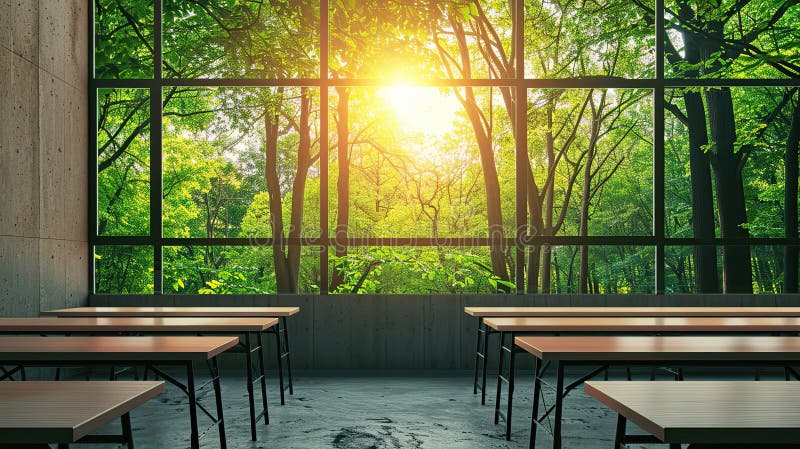 Sunny Forest View through Panoramic Window Stock Illustration ...