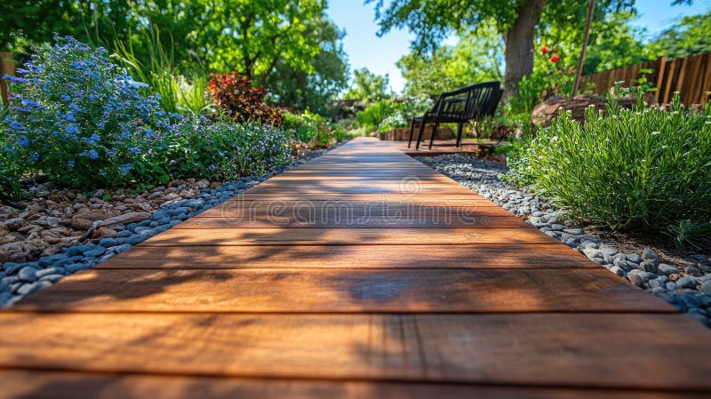 Sunny Garden Pathway Wooden Deck Lush Greenery Stock Photos - Free ...