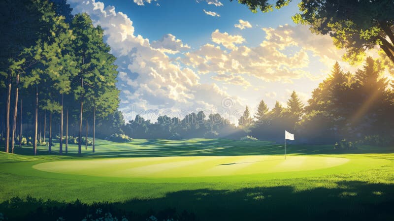 Sunny Golf Course Landscape with Lush Green Grass and Tall Trees Stock ...