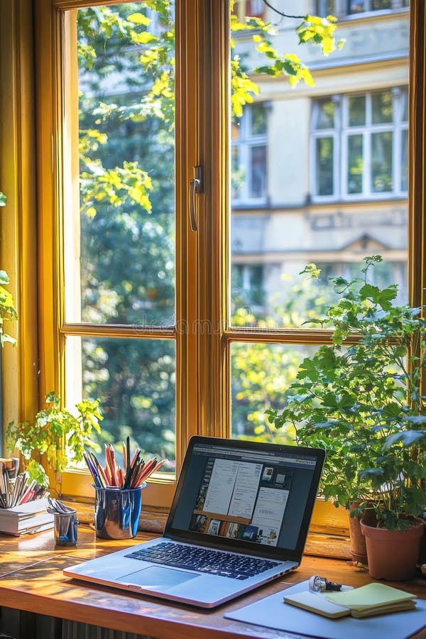 Sunny Home Office Workspace with Laptop, Plants, and Open Window Ideal ... Sunny Home Office Workspace with Laptop, Plants, and Open Window Ideal ...