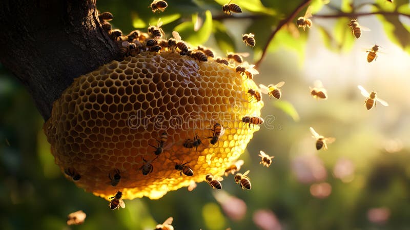 Sunny Honeycomb with Bees in a Tree Stock Photo - Image of nature ...