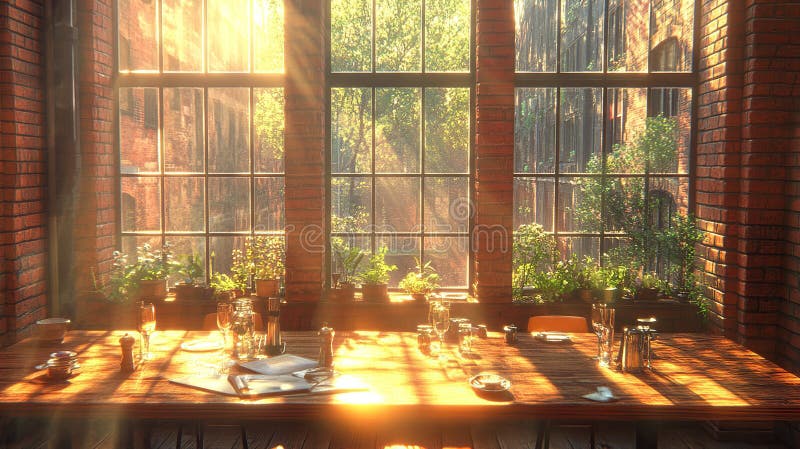 Sunny Interior Room with Large Windows, Wooden Table, and Plants Stock ...