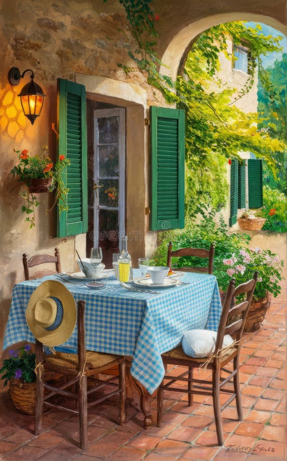Sunny Italian Patio Set for Lunch with Blue Gingham Tablecloth Stock ...