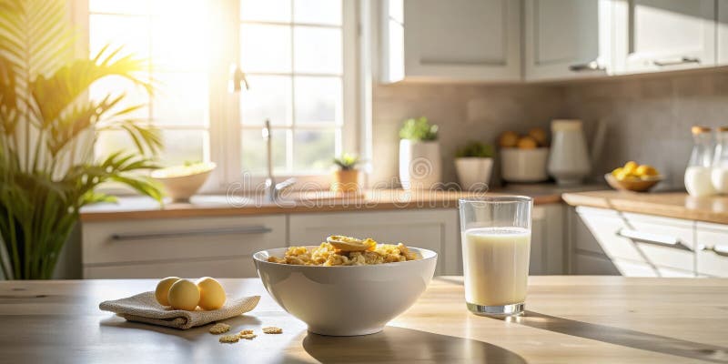 Sunny Kitchen Breakfast Scene with Cereal, Milk, and Eggs. Generative ...