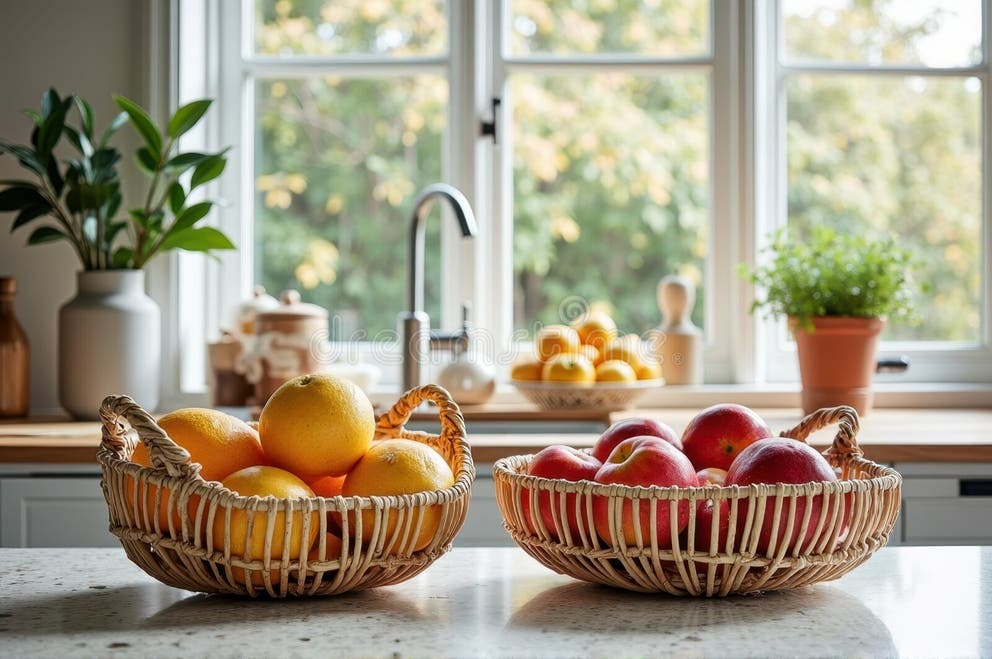 Sunny Kitchen with Fruit Baskets on Marble Countertop Near Window ...