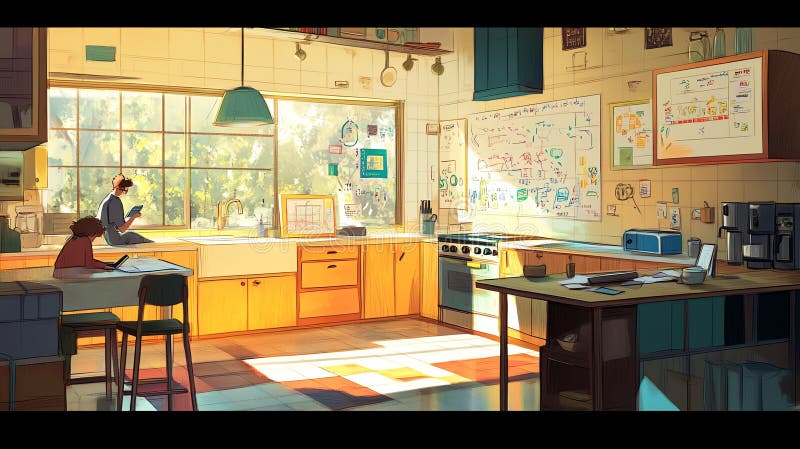 Sunny Kitchen Illustration: a Day of Work and Relaxation Stock Photo ...