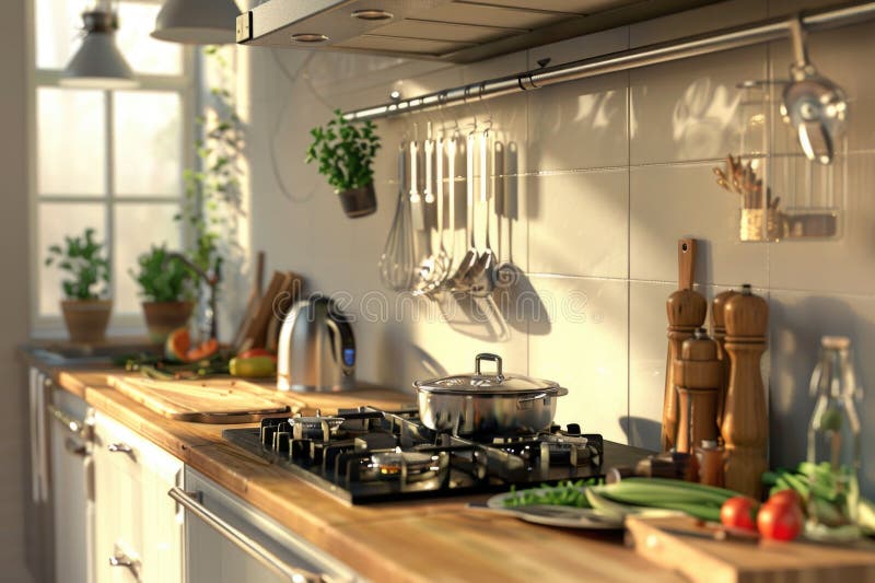 Sunny Kitchen Interior with Modern Amenities and Healthy Fresh ...