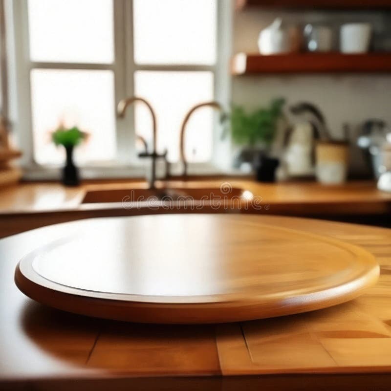 Sunny Kitchen Interior with Wooden Countertop and Round Cutting Board ...