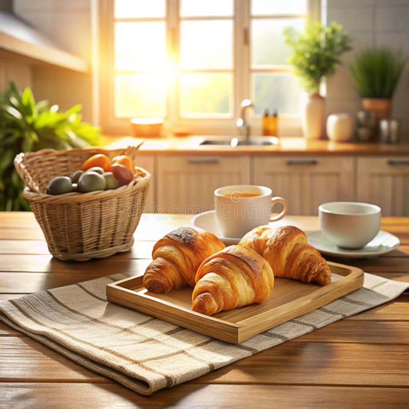 Sunny Kitchen Table with Croissants, Coffee, and Fruit Basket Stock ...