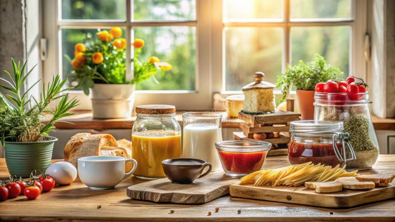 Sunny Kitchen Table with Ingredients for a Delicious Breakfast ...