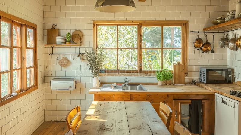 A Sunny Kitchen with White Tile Walls, a Wooden Table and Sink ...
