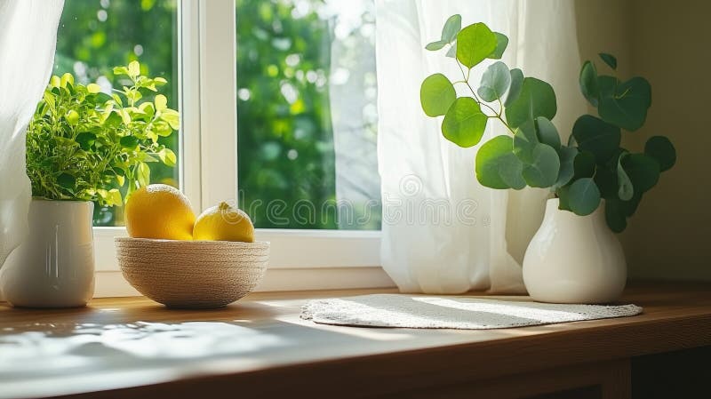 Sunny Kitchen Window with Fresh Lemons and Green Plants Stock ...