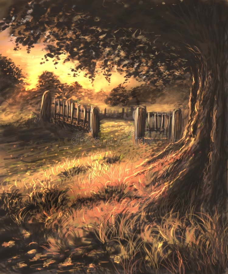 Sunny Landscape Digital Illustration Stock Illustration - Illustration ...