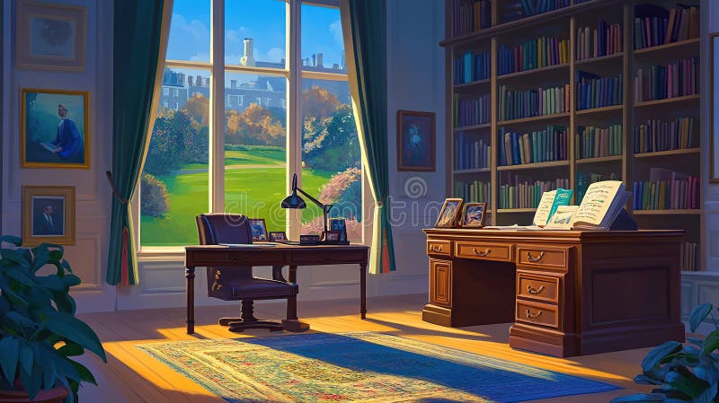 Sunny Library Study, Manor View, Autumn, Desk Stock Image - Image of ...