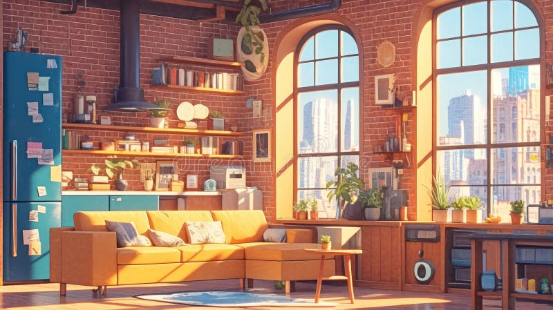 Sunny Loft Apartment Illustration with Brick Wall, Large Windows, and ...