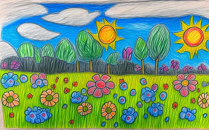 Sunny Meadow Children S Drawing, Generative AI Illustration Stock ...