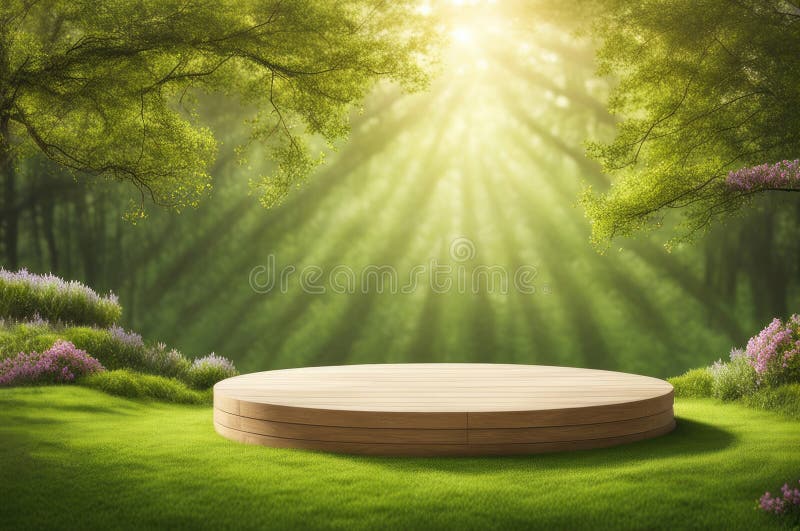 Sunny Meadow Podium with Tree Shade Stock Image - Image of landscape ...
