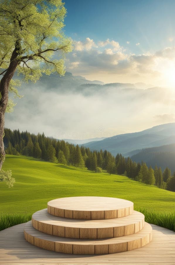 Sunny Meadow Podium with Tree Shade Stock Photo - Image of meadow, rays ...