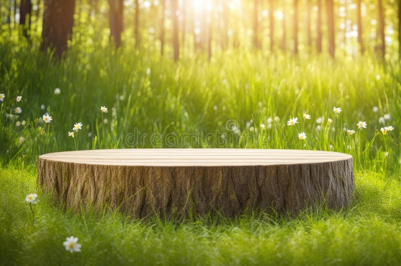 Sunny Meadow Podium with Tree Shade Stock Image - Image of serene ...