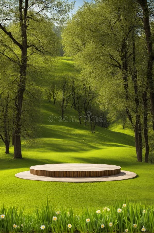 Sunny Meadow Podium with Tree Shade Stock Image - Image of rays, flower ...