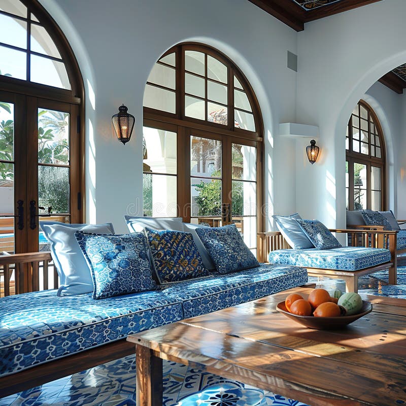Sunny Mediterranean Living Room with Blue Patterned Furniture Stock ...