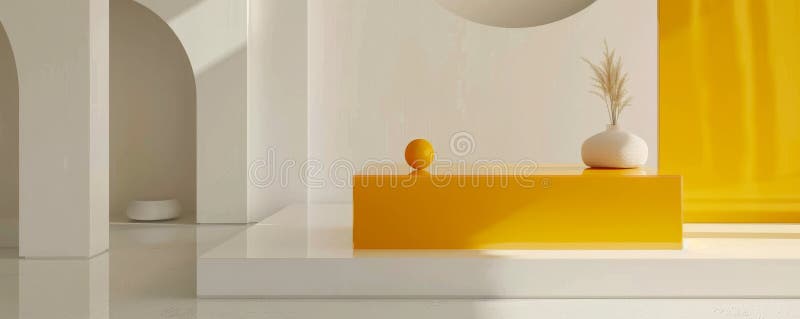 Sunny Minimalist Interior with Arches, Yellow Accents and Decor Stock ...