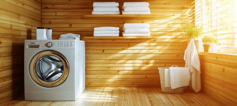 Sunny Minimalist Laundry Room Featuring a Modern Washing Machine and ...