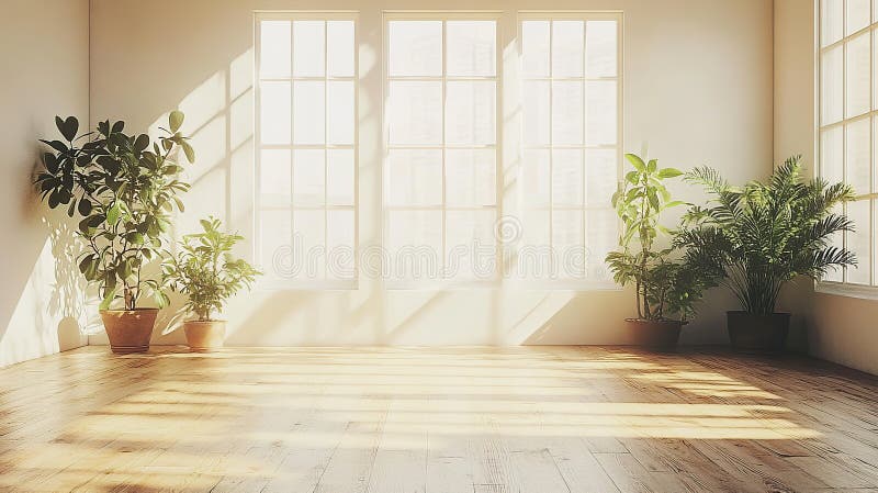 Sunny, Minimalist Room with Plants and Large Windows Stock Illustration ...