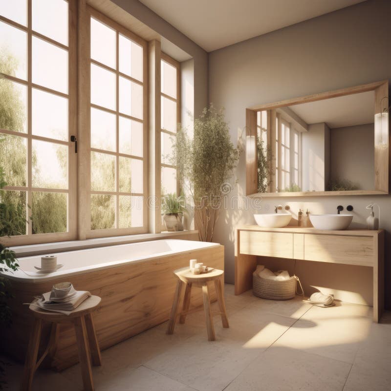Sunny Modern Bathroom with French Windows and View To Trees, Created ...
