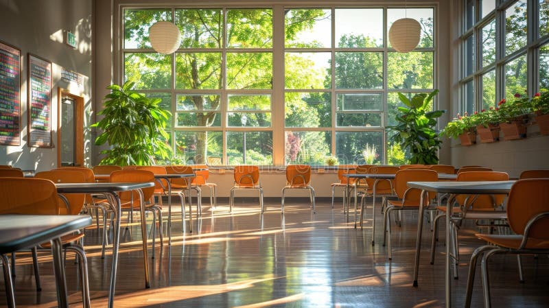 Sunny Modern Cafeteria with Large Windows - Generative AI Stock ...