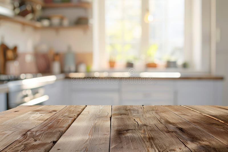 Sunny Modern Kitchen Interior with Wooden Tabletop Stock Illustration ...