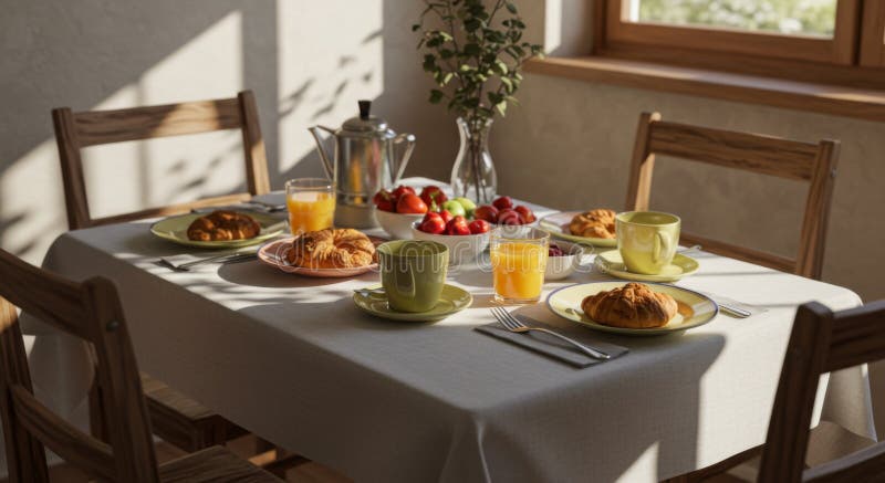 Sunny Morning Breakfast Table Setting Stock Illustration - Illustration of cutlery, healthy ...