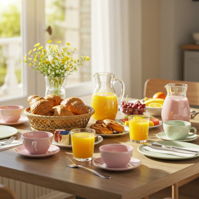 Sunny Morning Breakfast Table Setting with Pastries Stock Illustration ...